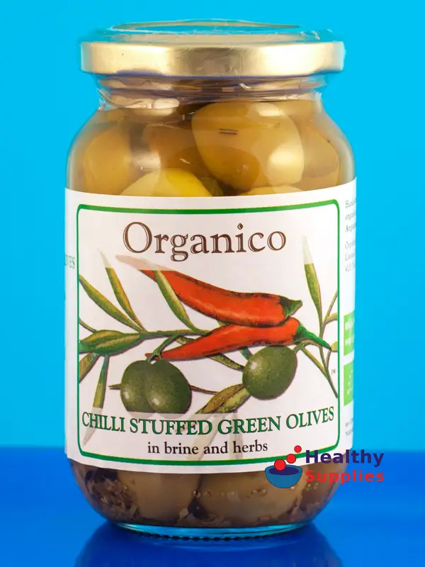 Chilli Stuffed Green Olives, Organic 240g (Organico) | Healthy Supplies