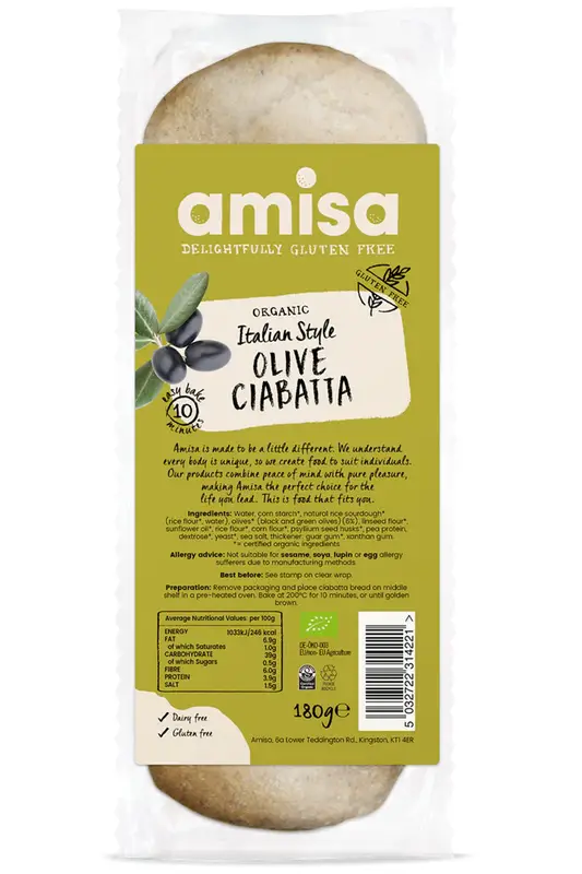 Organic Olive Ciabatta Gluten Free 180g (Amisa) | Healthy Supplies