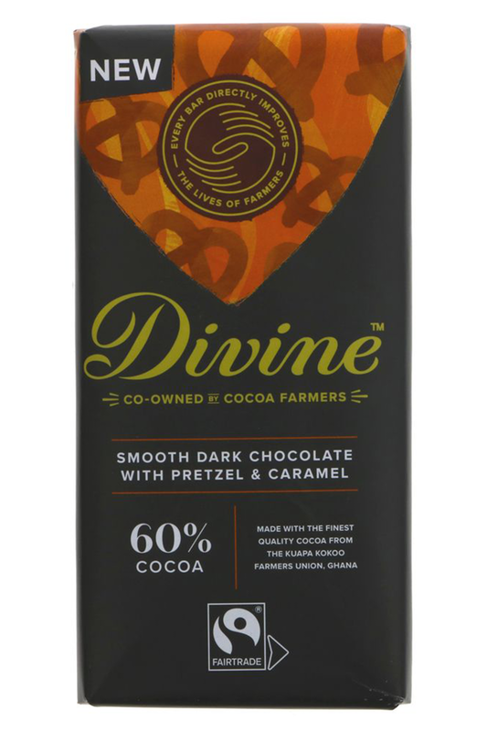 60% Dark Chocolate Pretzel & Caramel Bar 90g (Divine) | Healthy Supplies