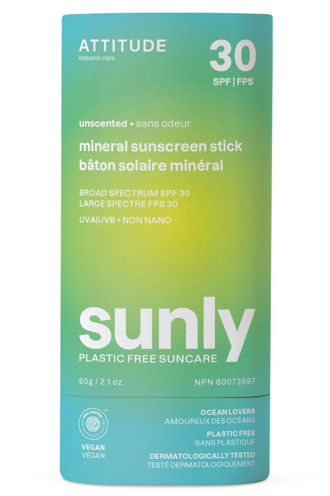 Unscented Sunscreen Stick 30 SPF 60g (Attitude) | Healthy Supplies